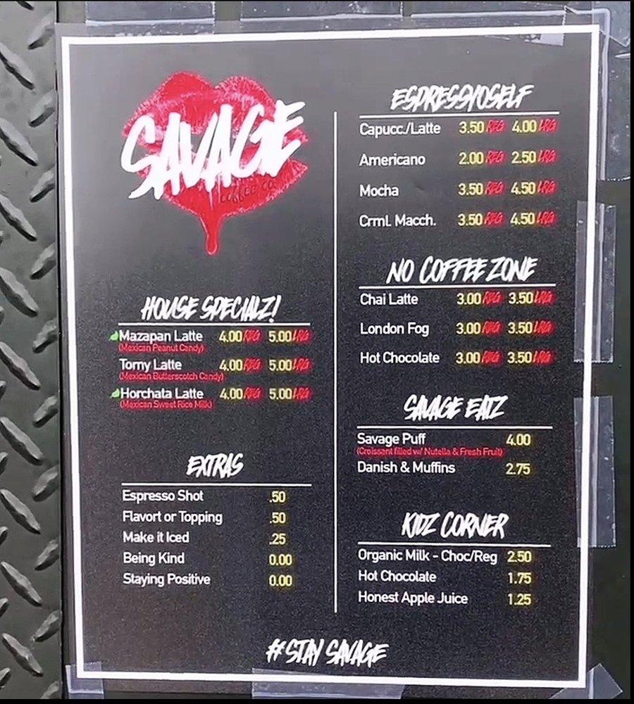 Menu at Savage Coffee Co., San Antonio