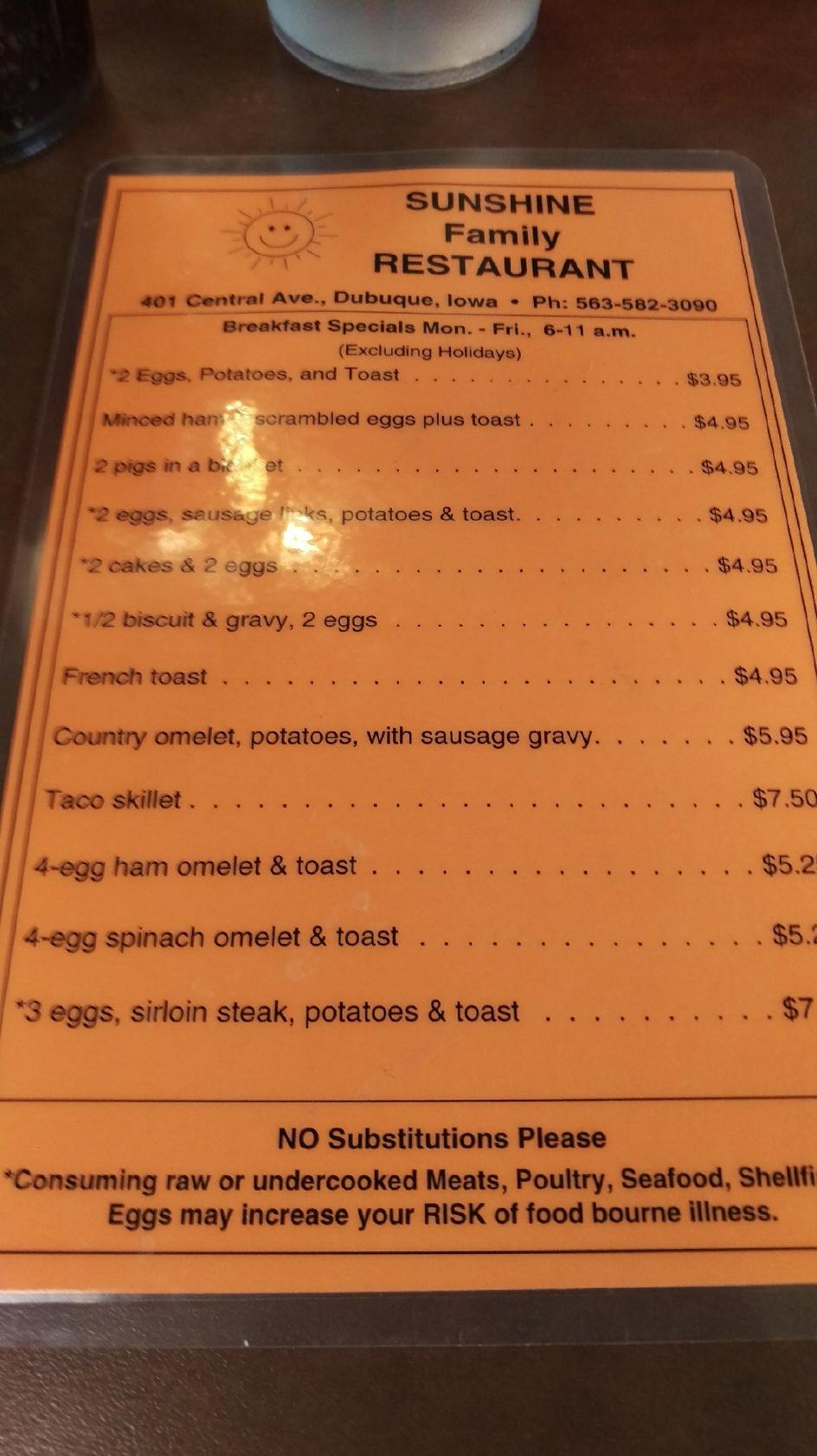 Menu at Sunshine Family Restaurant, Dubuque, 401 Central Ave