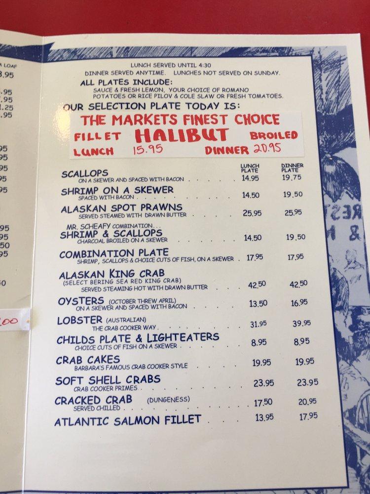 Menu at The Crab Cooker restaurant, Newport Beach, Newport Blvd