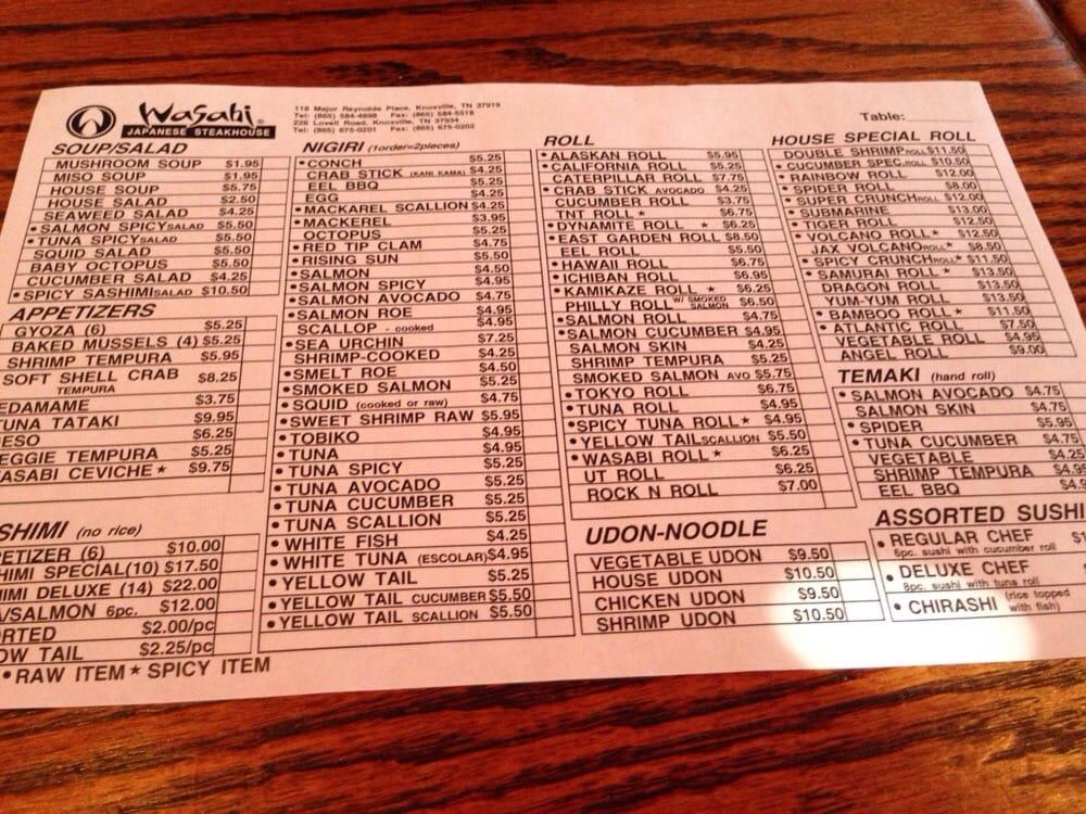 Menu at Wasabi Japanese Steakhouse, Knoxville, 118 Major Reynolds Pl