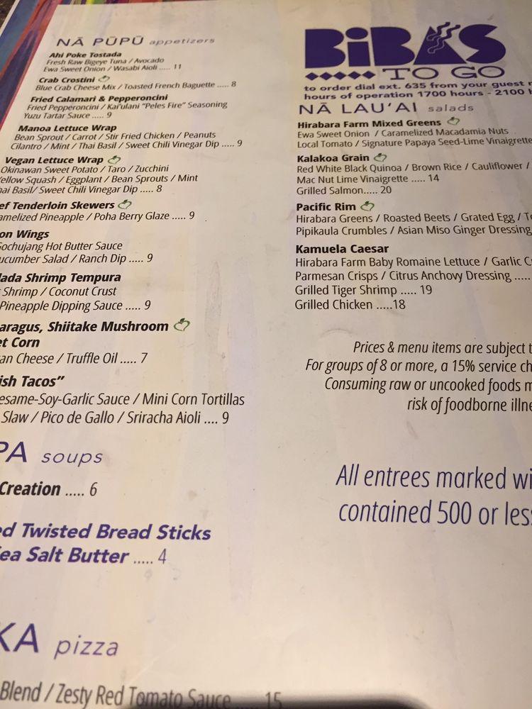 Menu at Bibas Courtyard Grill restaurant, Honolulu