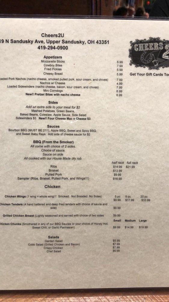 Menu at Cheers 2 U pub & bar, Upper Sandusky