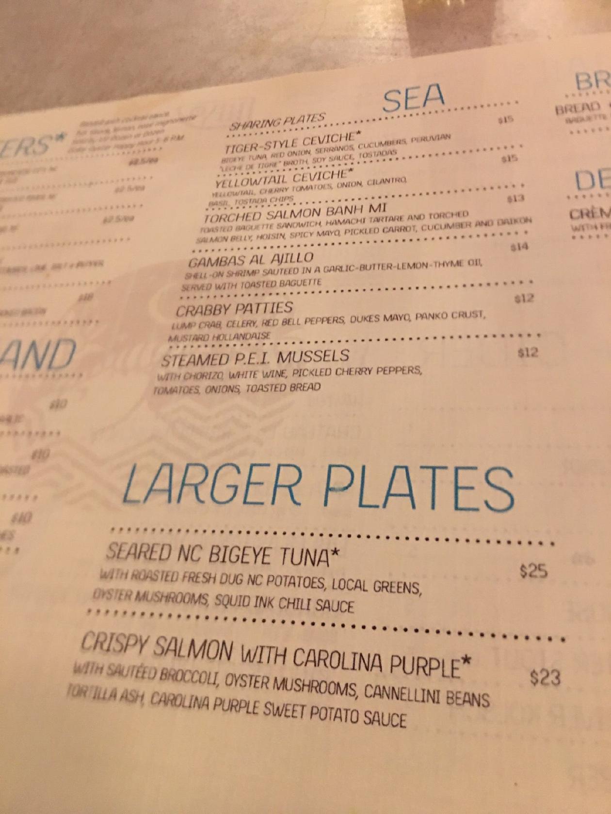 Menu at Cortez Seafood and Cocktail pub & bar, Raleigh