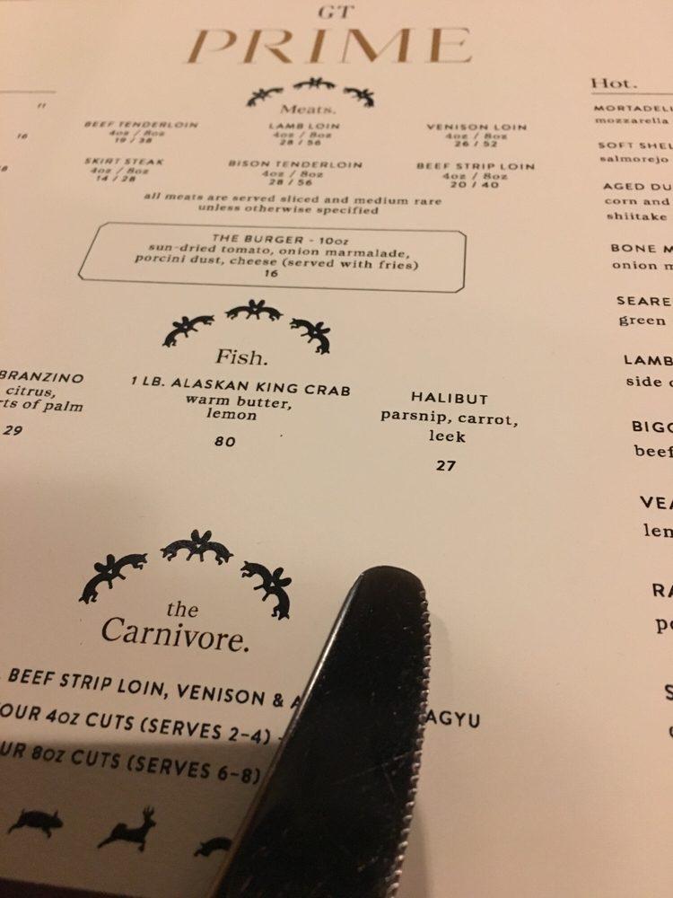 Menu at GT Prime Steakhouse, Chicago, 707 N Wells St