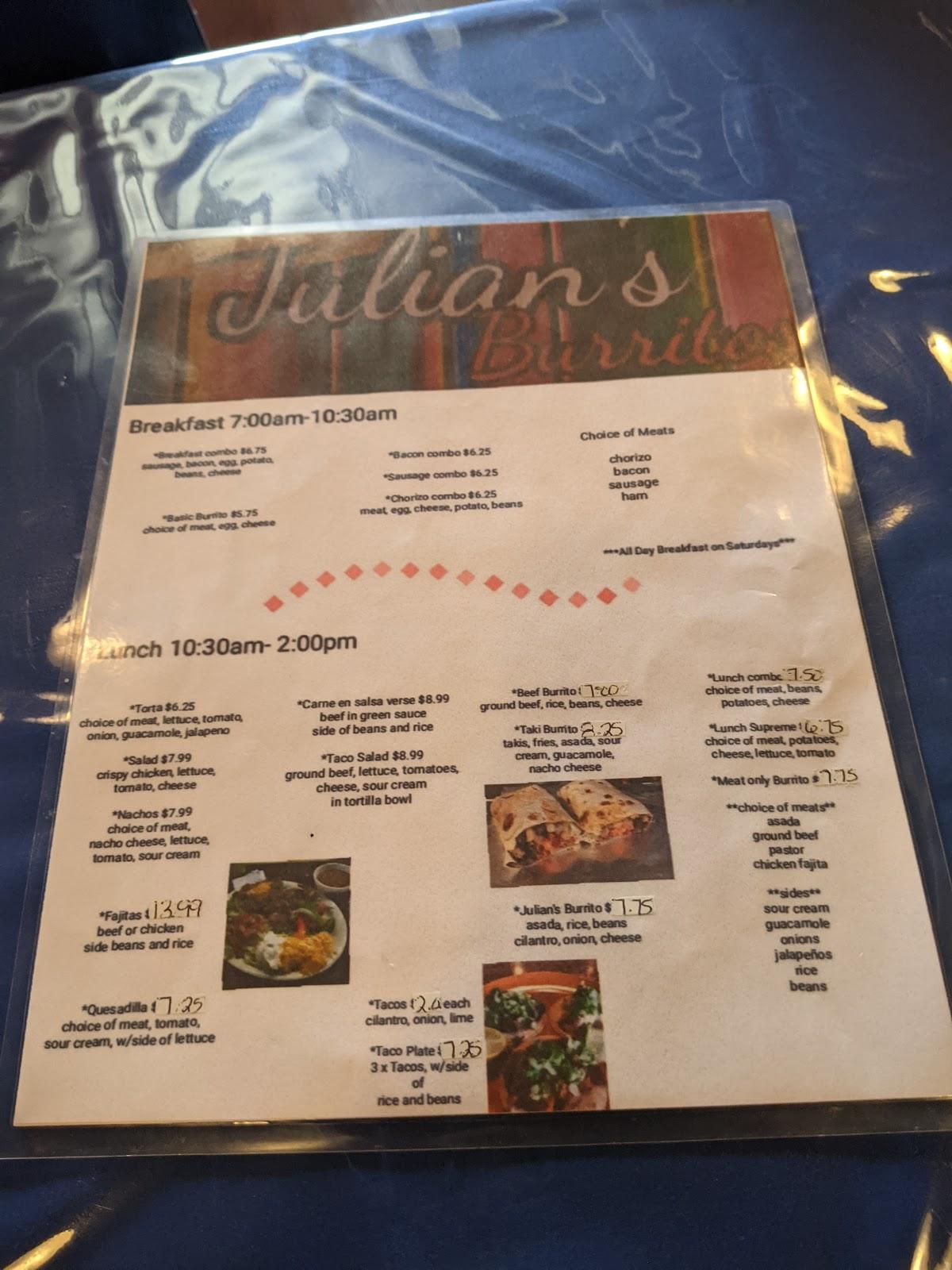Menu at Julian’s Burritos restaurant, Wichita Falls