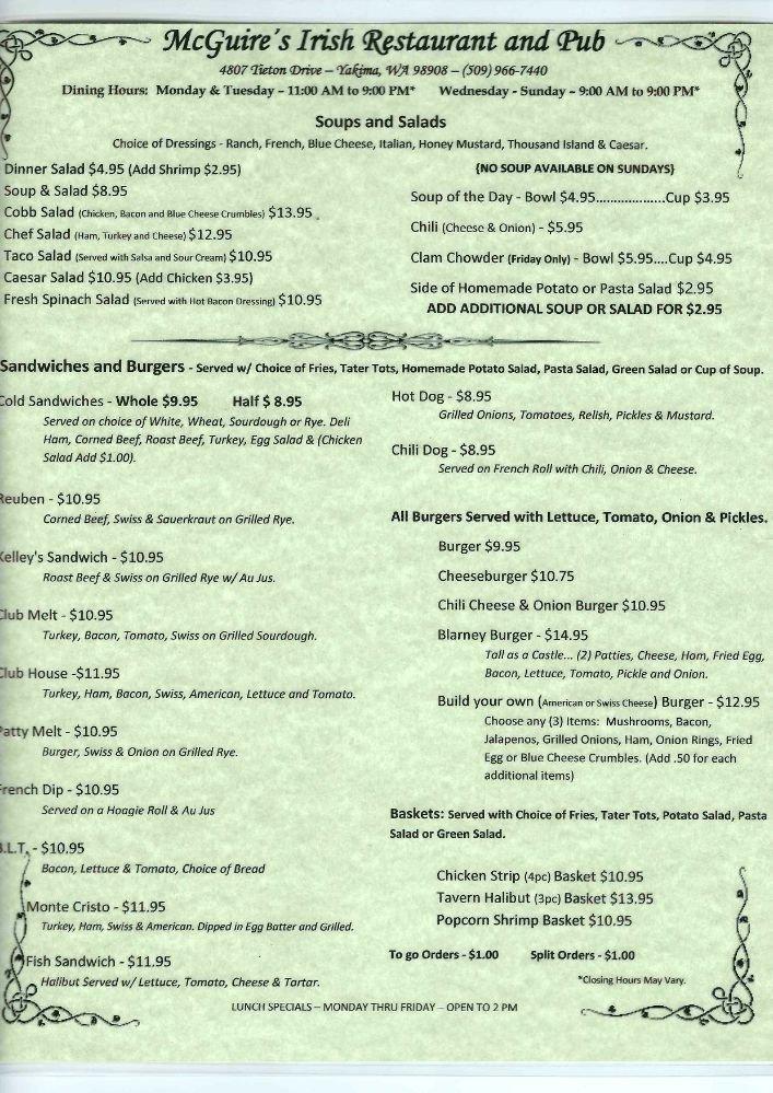Menu at McGuire's Irish Restaurant And Pub, Yakima