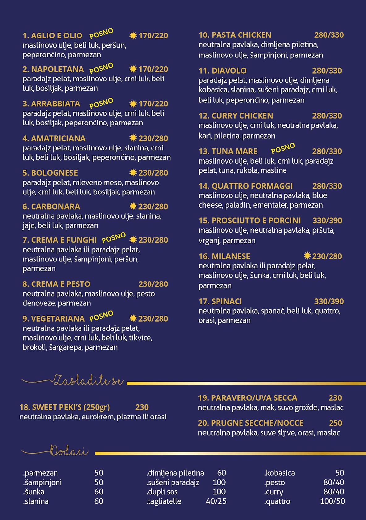 Menu at Pasta Bar Bulevar, Belgrade, Bulevar kralja Aleksandra 144