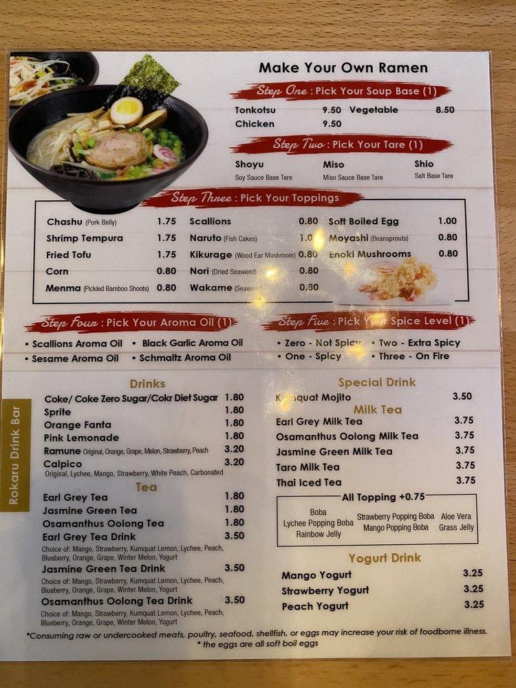 Menu at Rokaru Ramen restaurant, Blue Ash