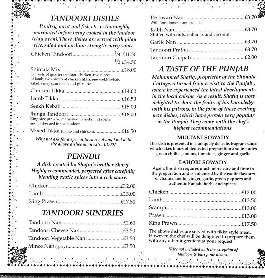 Menu at Shafiq's Shimla Cottage restaurant, Bridge of Weir