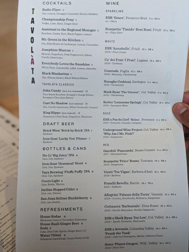 Menu at Tavolàta Spokane restaurant, Spokane