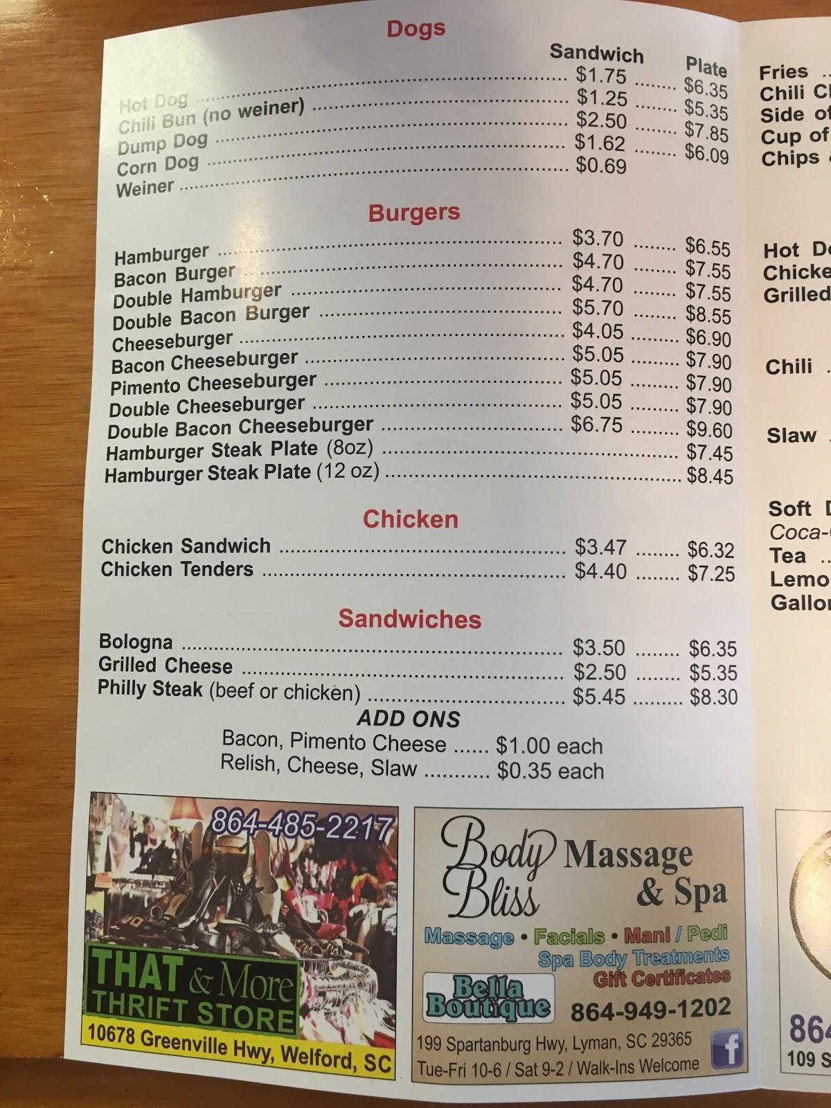 Menu at The Hot Dog Cafe, Lyman, 605 Spartanburg Hwy