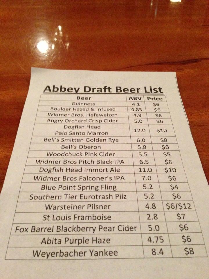 Menu at Abbey Bar, DeLand