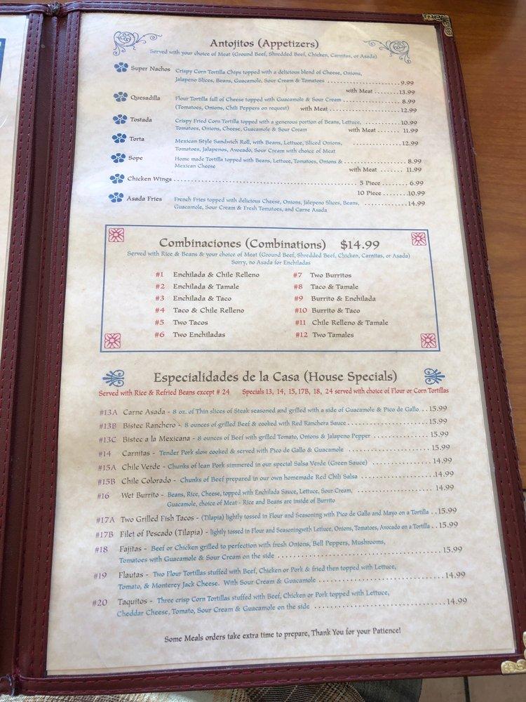 Menu at Bonanza Mexican Restaurant, Lone Pine