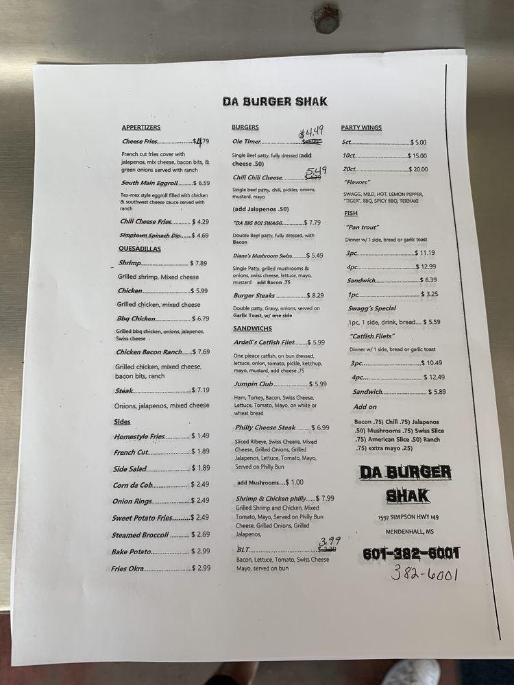Menu at Burger Shak restaurant, Mendenhall