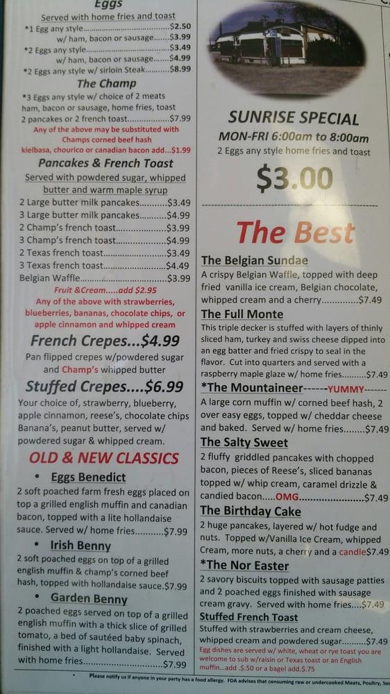 Menu at Champs Diner restaurant, Woonsocket