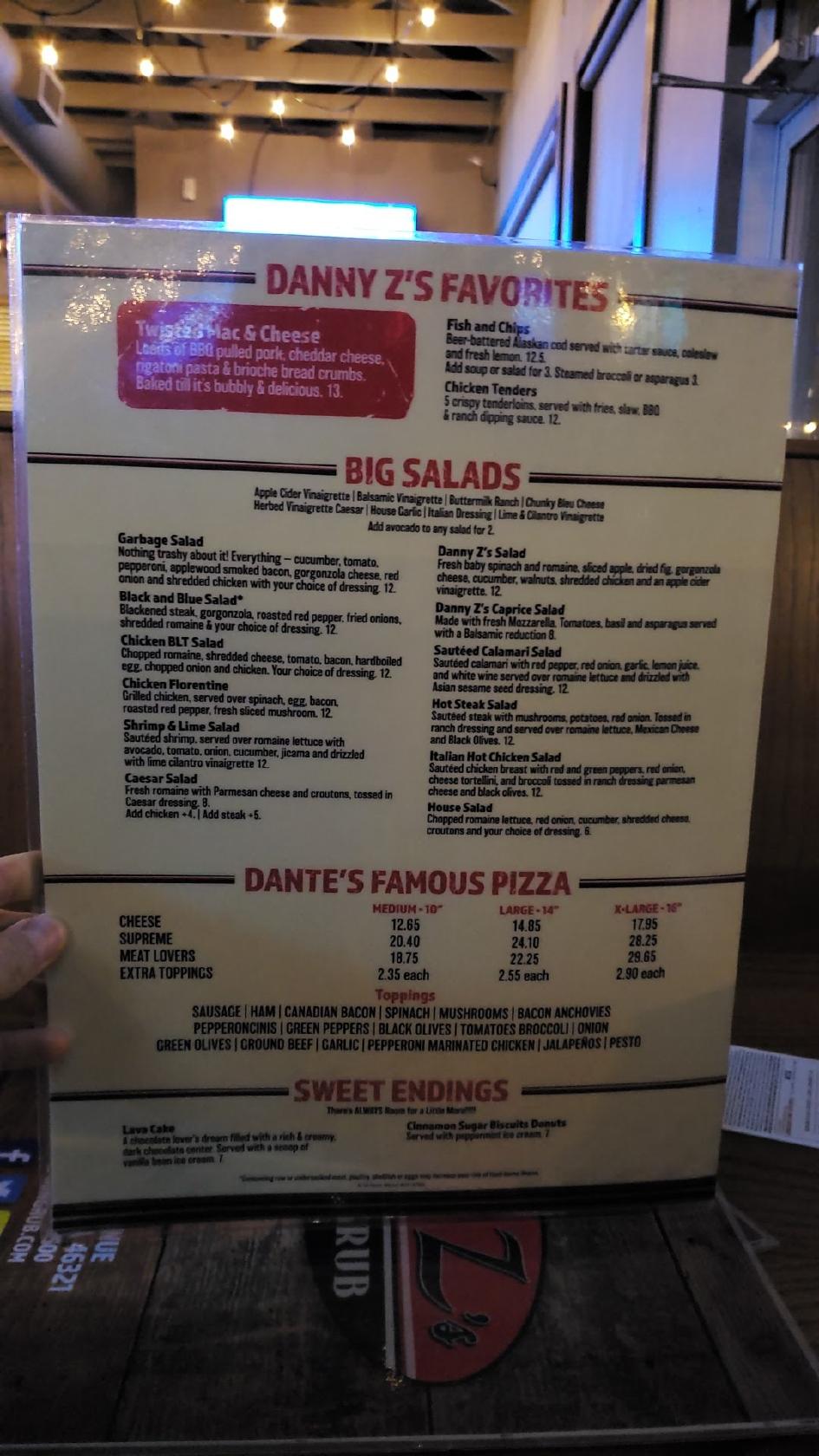 Menu at Danny Z's Grub & Pub, Munster
