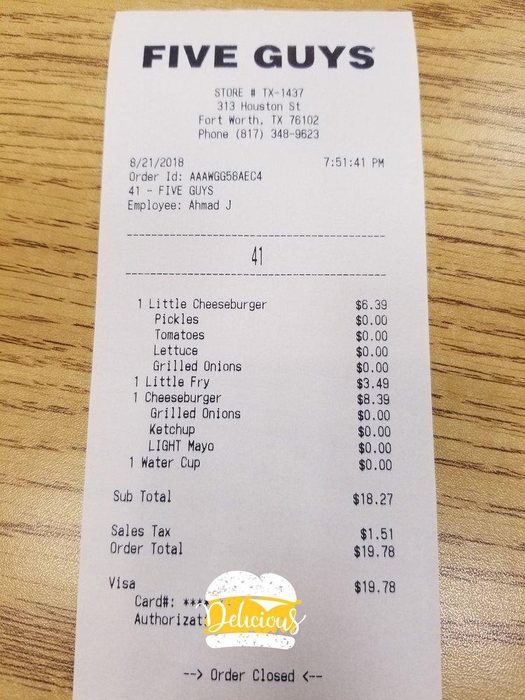 Menu at Five Guys fast food, Fort Worth, 313 Houston St