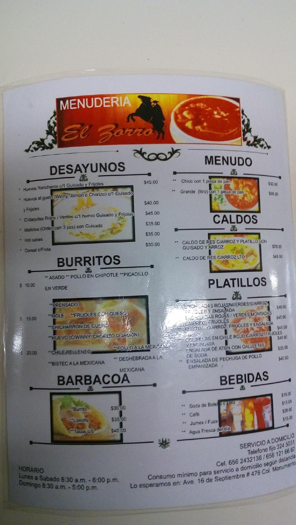Menu at Menudería El Zorro restaurant, Ciudad Juarez