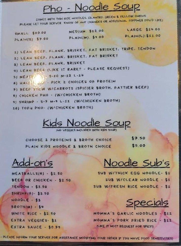Menu at Pho Momma restaurant, Sacramento