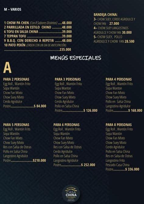 Carta de Restaurante Casa China, Bogotá, Cl. 109 #15-41