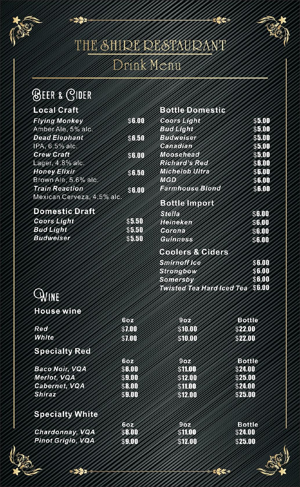 Menu at The Shire pub & bar, Simcoe