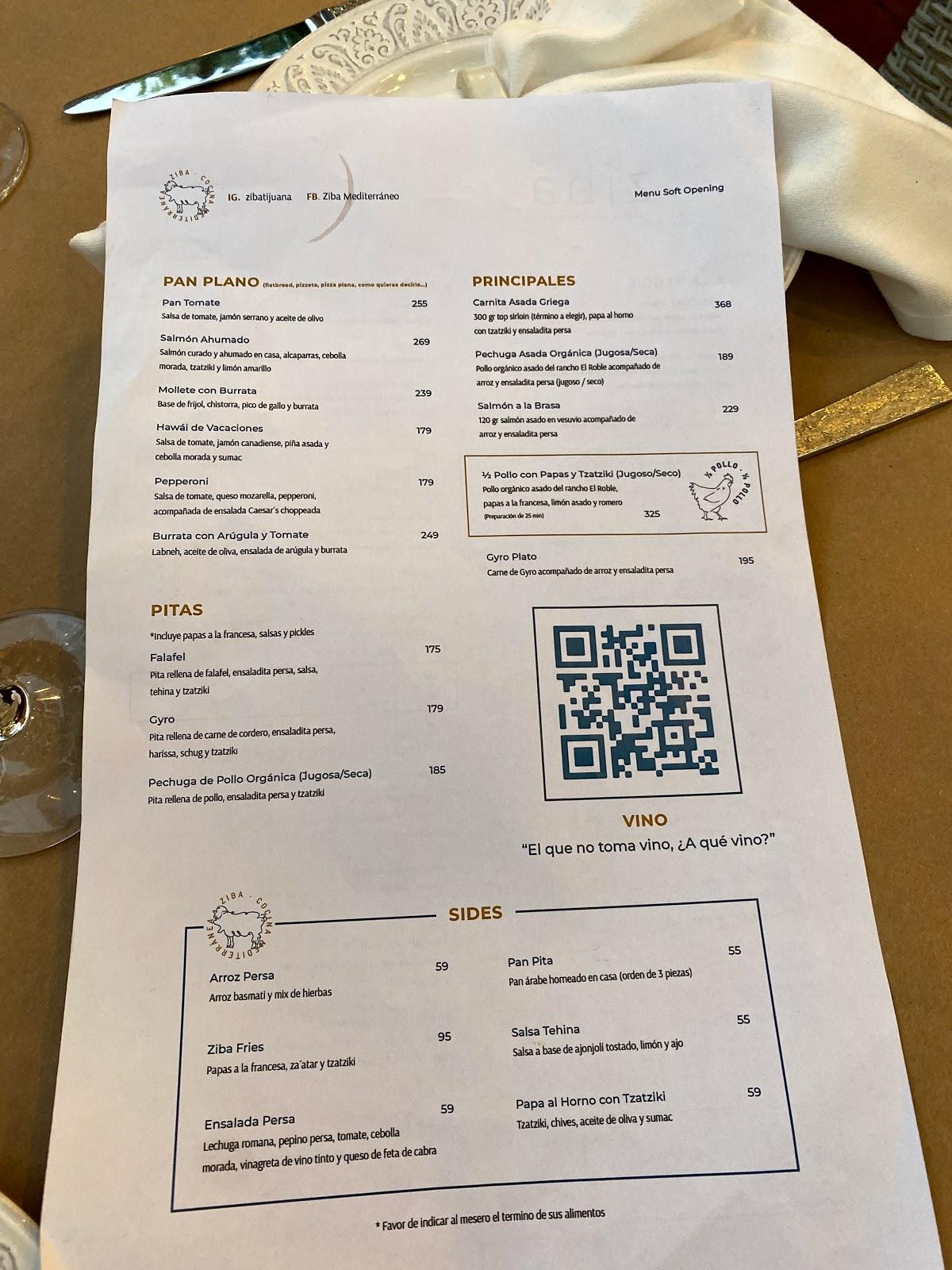 Carta del restaurante Ziba Mediterráneo, Tijuana