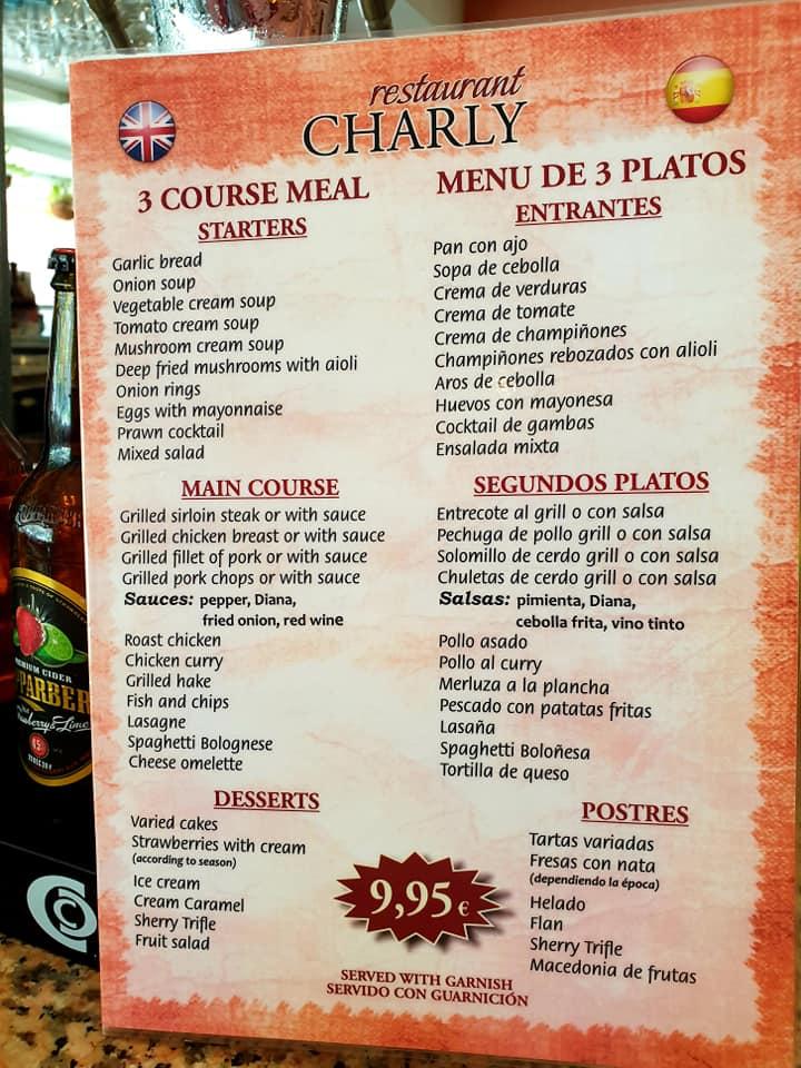 Menu at Charly Bar, Los Cristianos