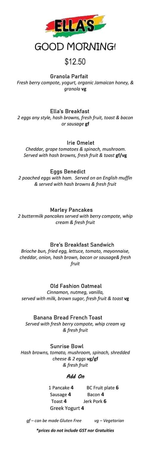 Menu at ELLA'S cafe, Cranbrook