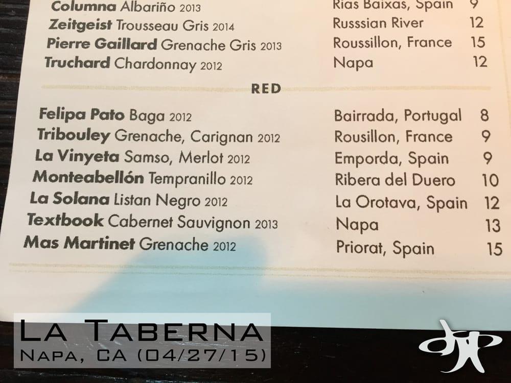 Menu at La Taberna pub & bar, Napa