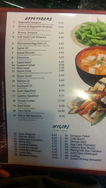 Menu at Musashi Japanese Restaurant & Sushi Bar, Chesterton