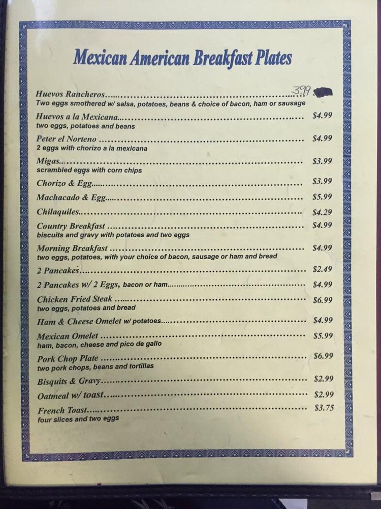 Menu at Peter El Norteño restaurant, San Antonio