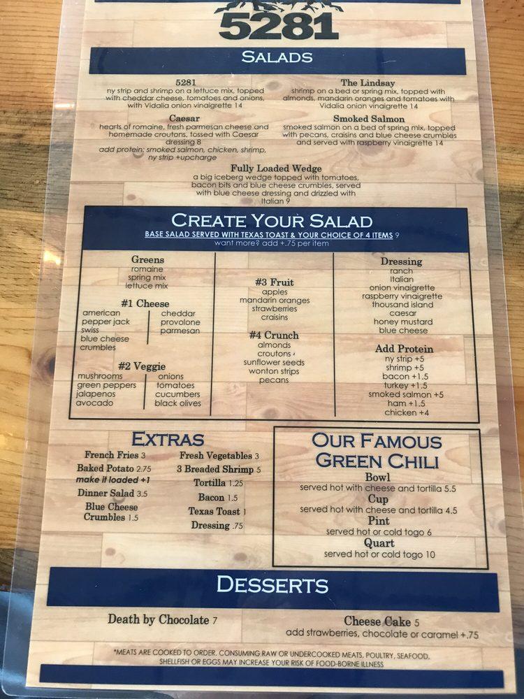 Menu at 5281 STEAK SALAD SEAFOOD steakhouse, Morrison