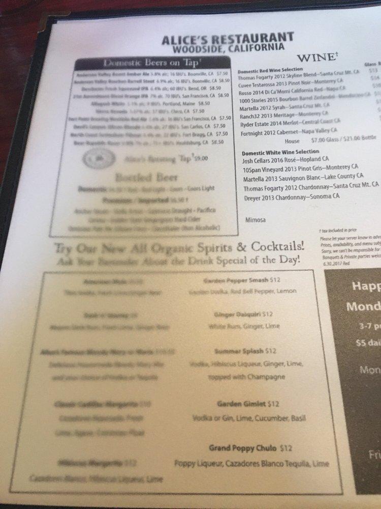 Menu at Alice's Restaurant, Woodside, Skyline Blvd