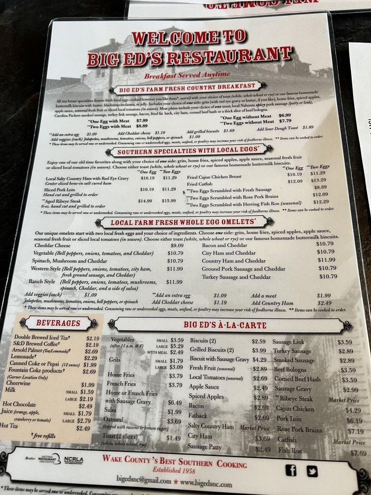 Menu at Big Ed's North Restaurant, Raleigh