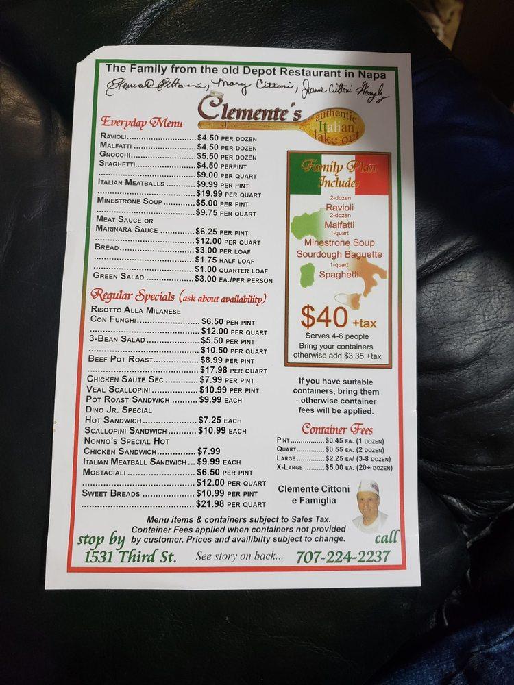 Menu at Clementes Takeout restaurant, Napa, Industrial Way Ste 107