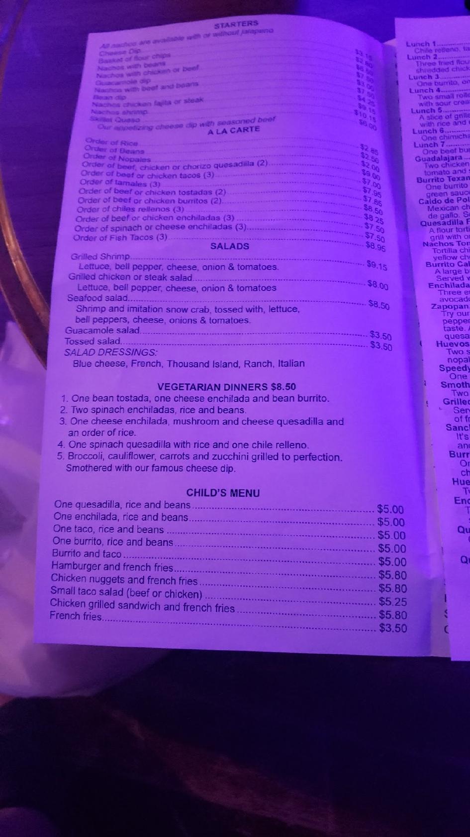 Menu at El Potrillo restaurant, Lyons