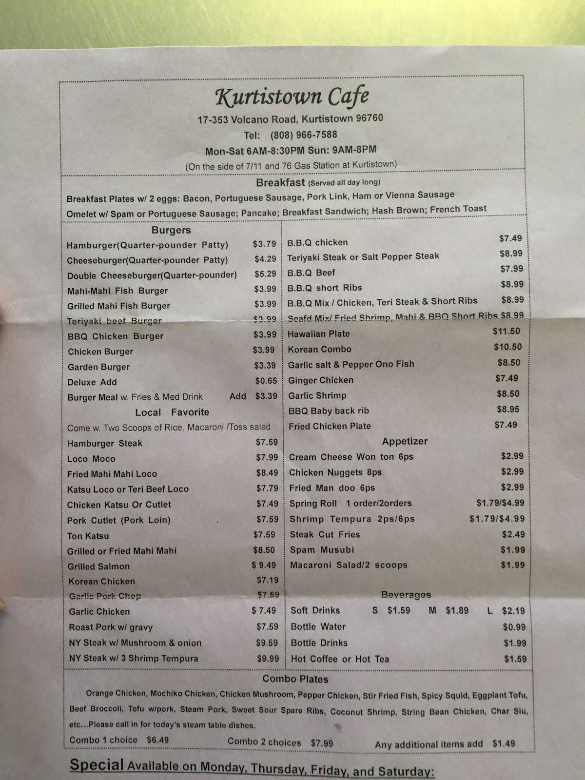 Menu at Kurtistown Cafe, Kurtistown