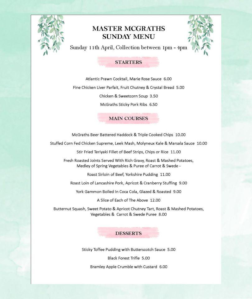 Menu at Master McGraths restaurant, Ormskirk