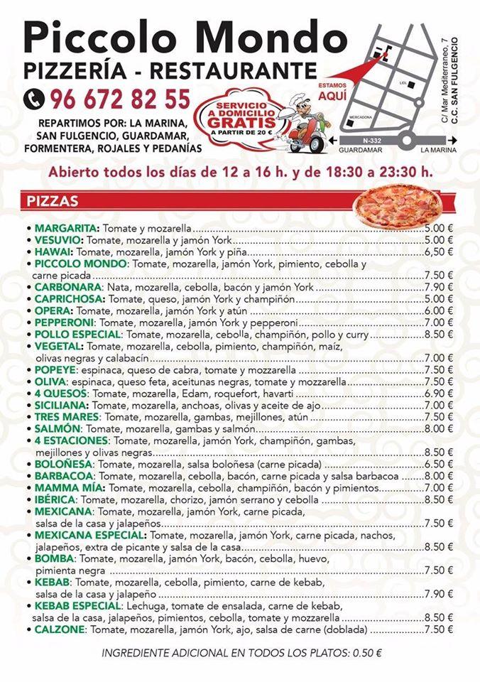 Carta de Piccolo Mondo Restaurante, La Marina