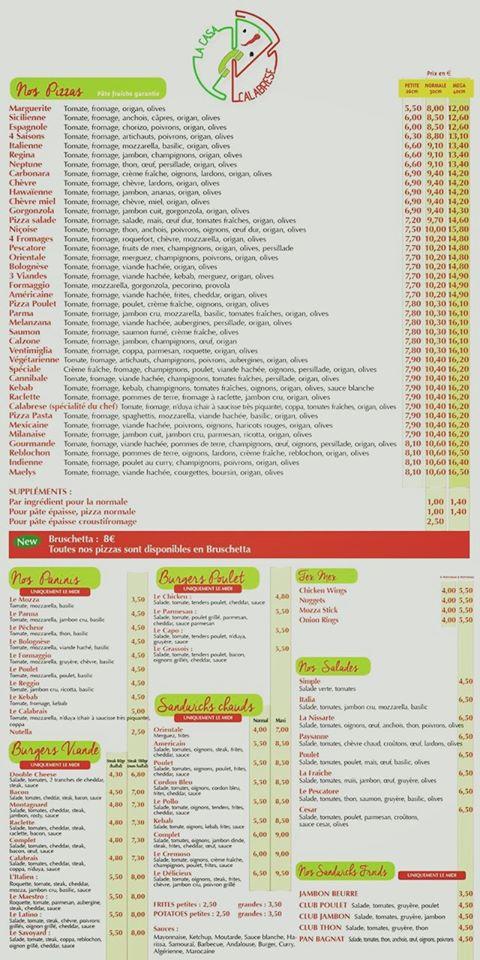 Carta de Pizzeria La Casa Calabrese, Grasse, 38 Chem. de l'Orme