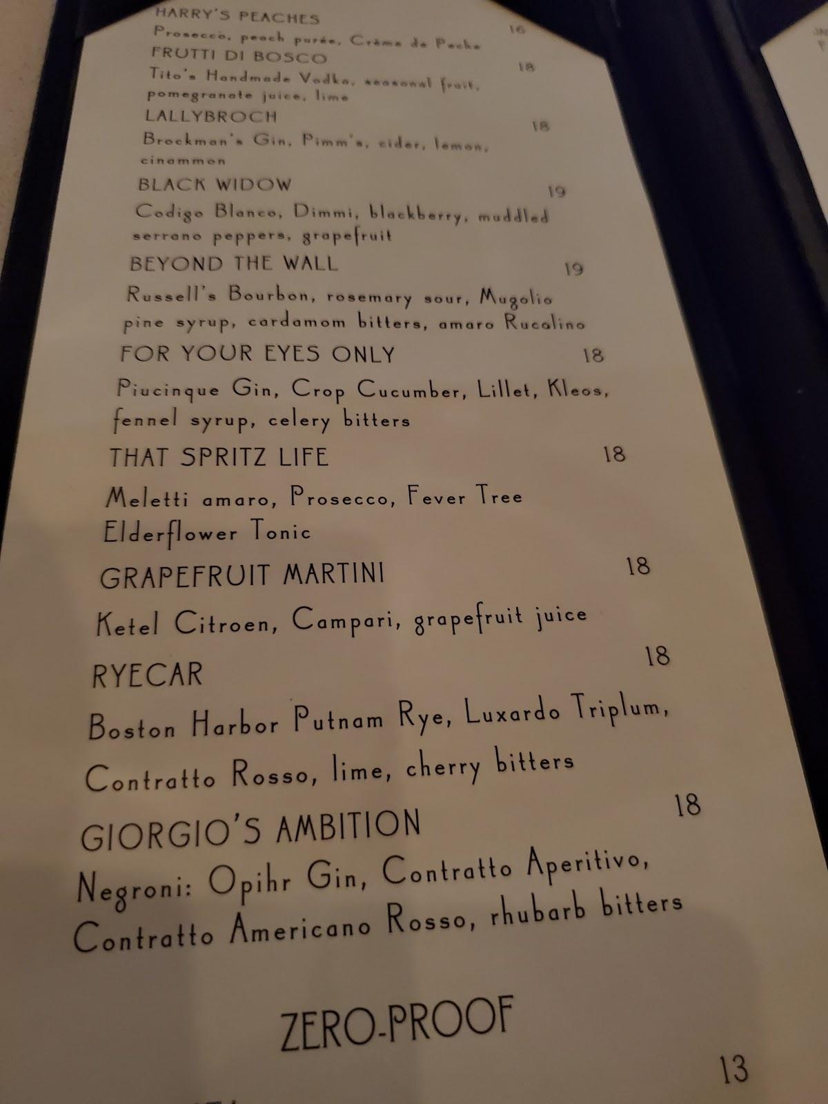 Menu at Sorellina pub & bar, Boston