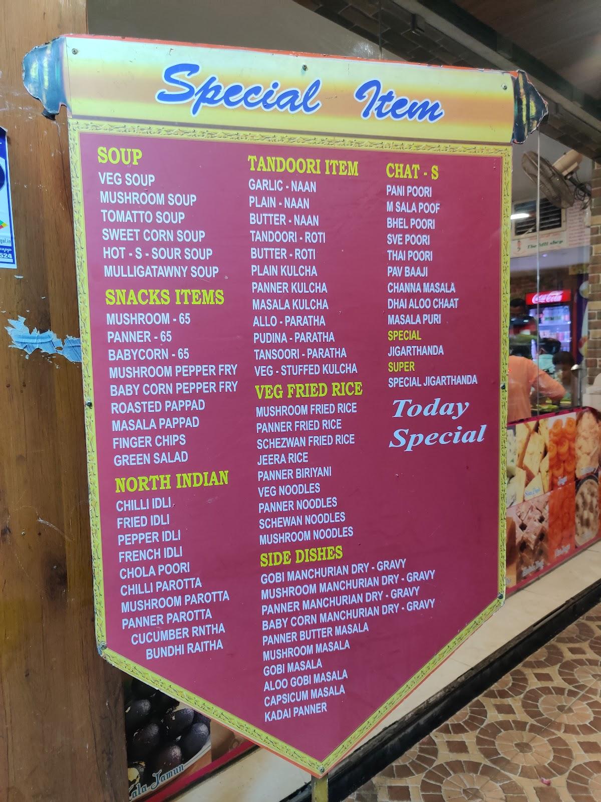 Menu at The Idly shop, Madurai, W4FR+MC4