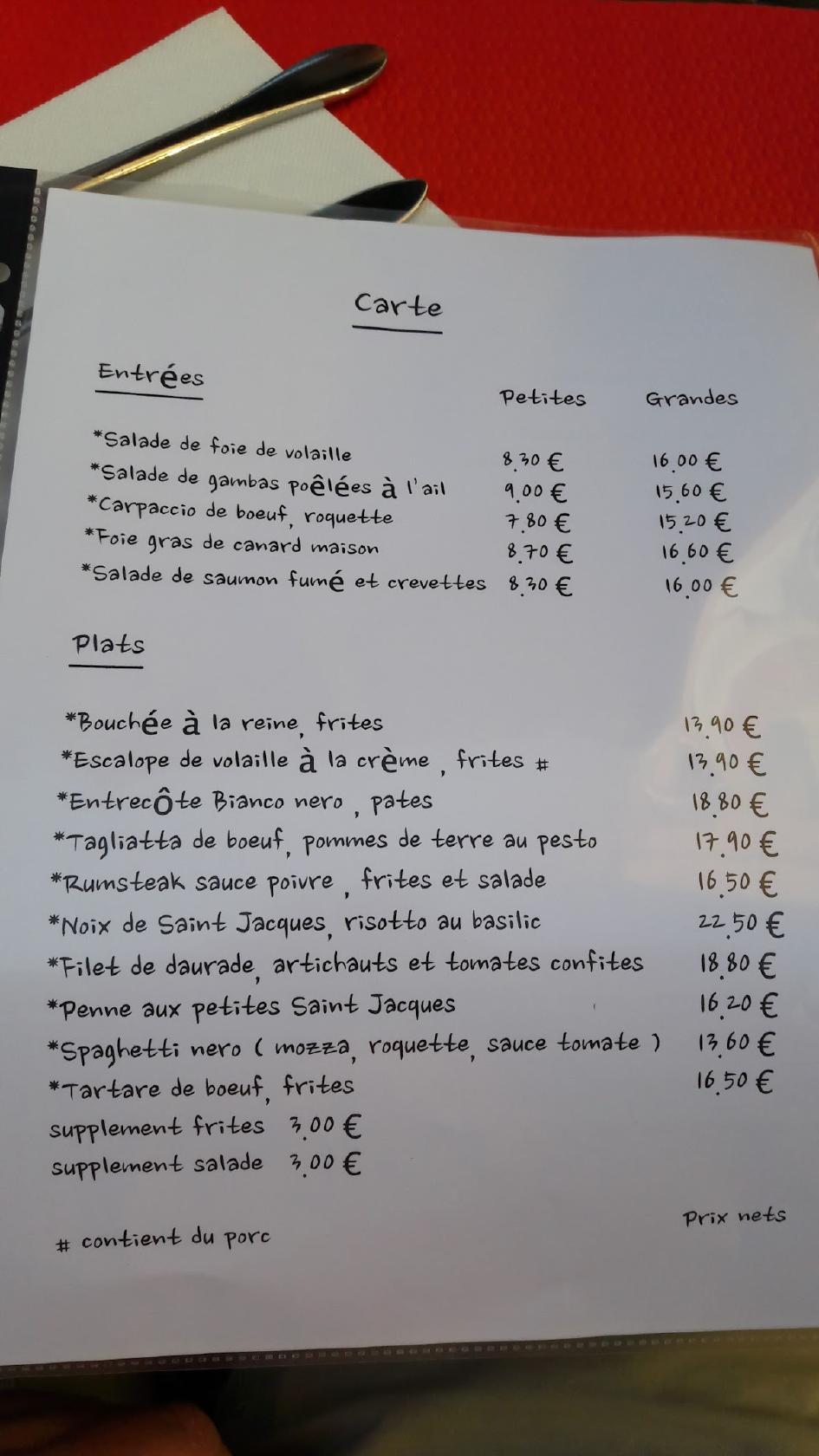 Menu au Bianco Nero restaurant, Sarreguemines