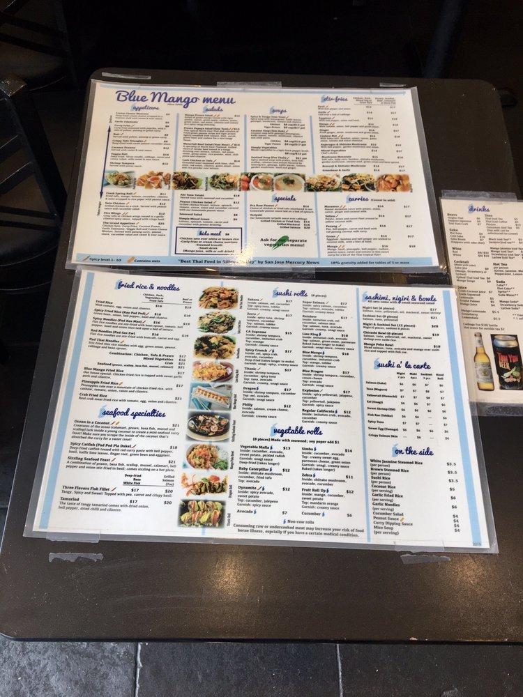 Menu at Blue Mango restaurant, San Jose, 635 Coleman Ave