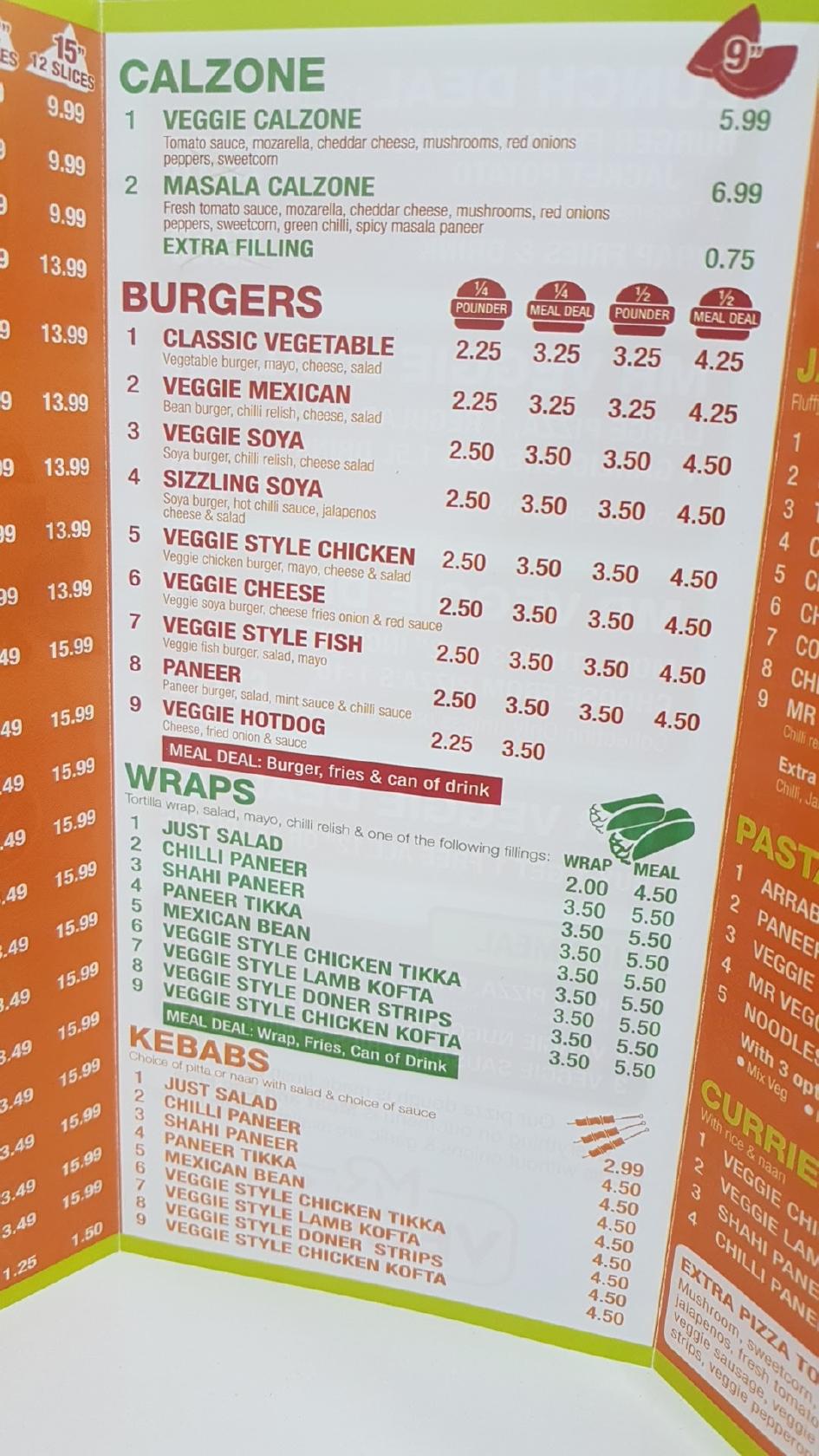 Menu at Mr Veggie restaurant, Leicester