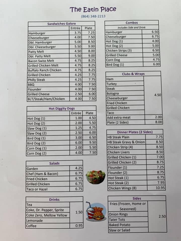 Menu at The Eatin' Place restaurant, Iva