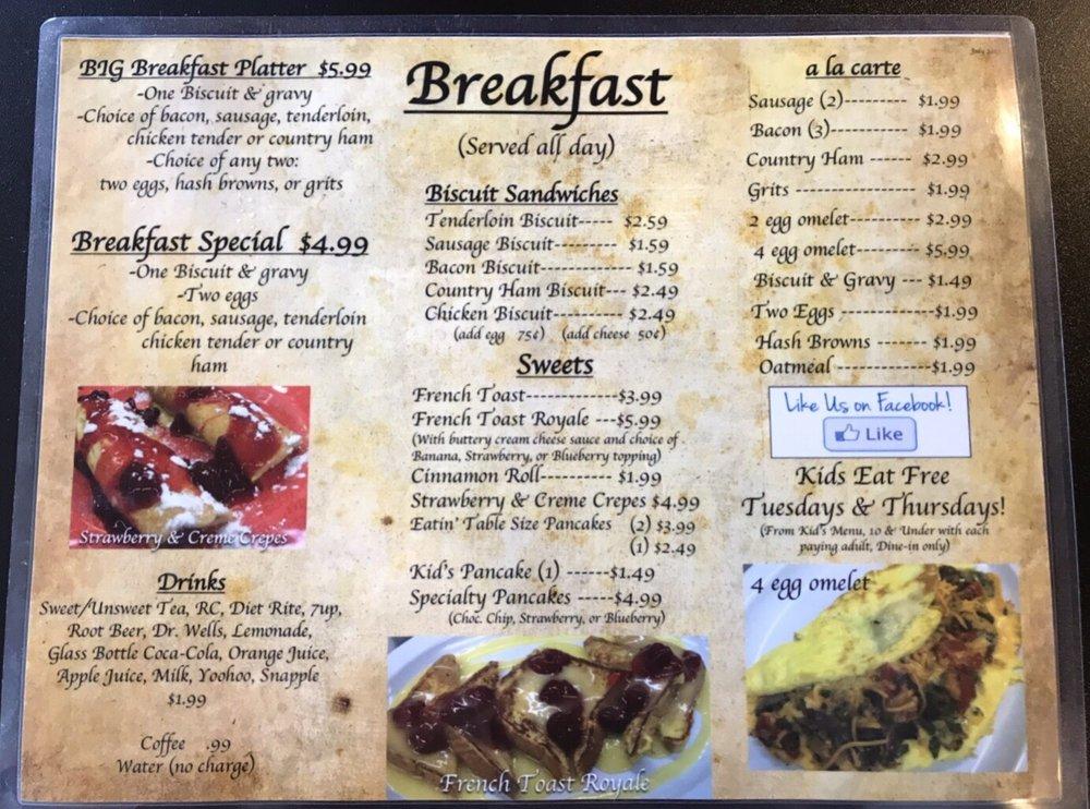 Menu at The Eatin' Table restaurant, Gamaliel