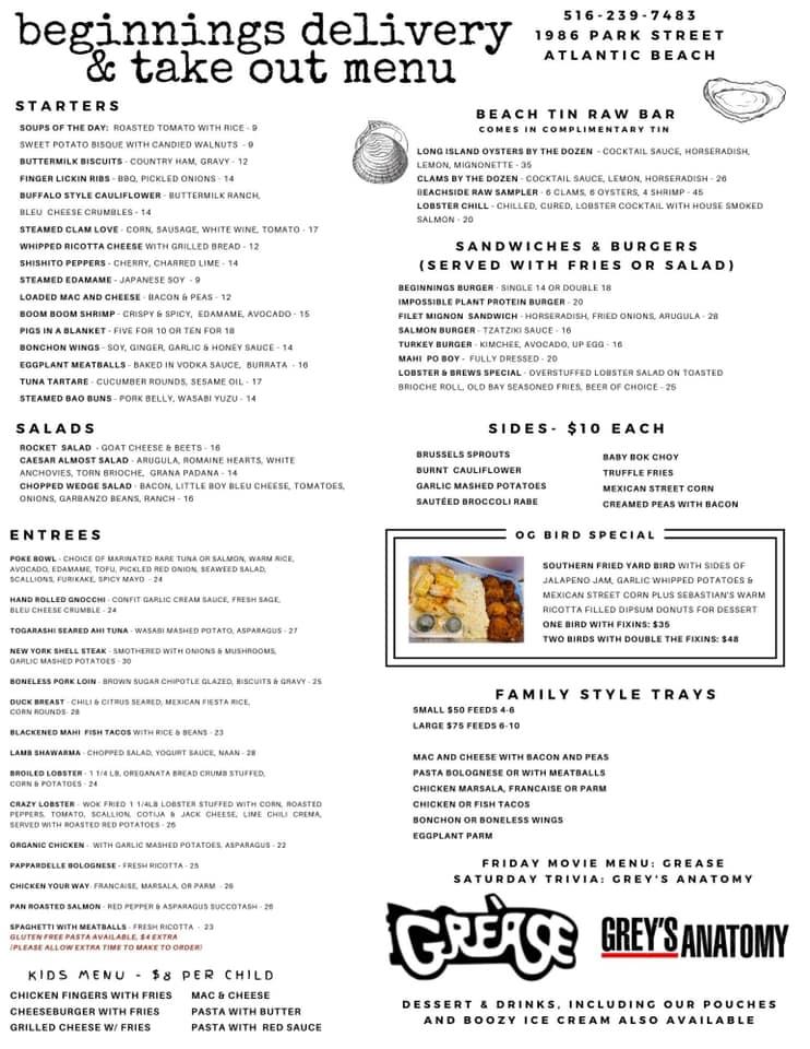 Menu at Beginnings pub & bar, Atlantic Beach