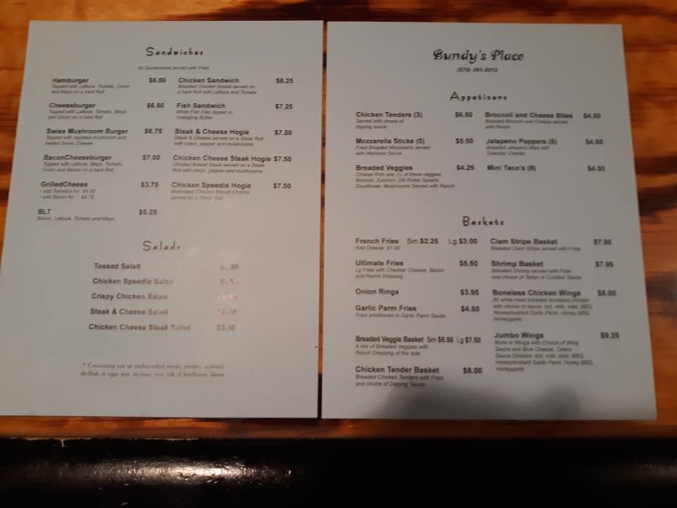 Menu at Bundys Place pub & bar, Susquehanna