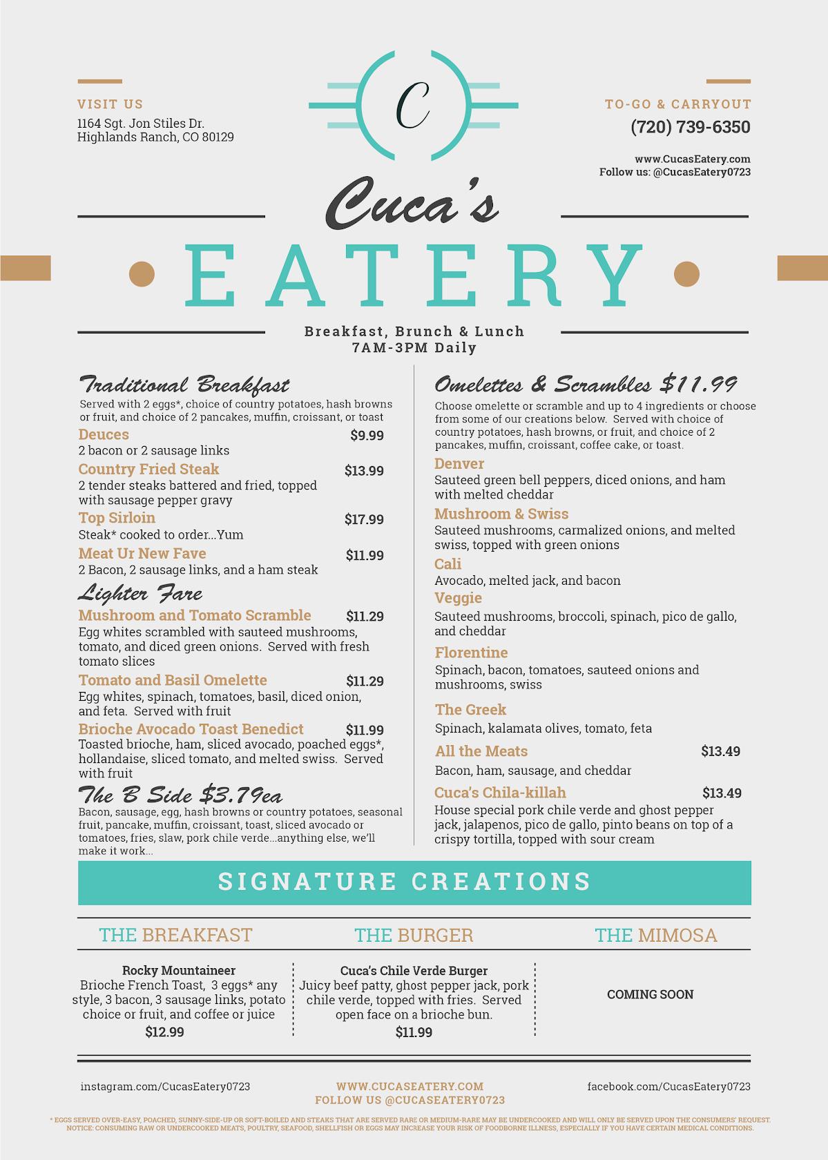 Menu at Cuca's Eatery restaurant, Highlands Ranch
